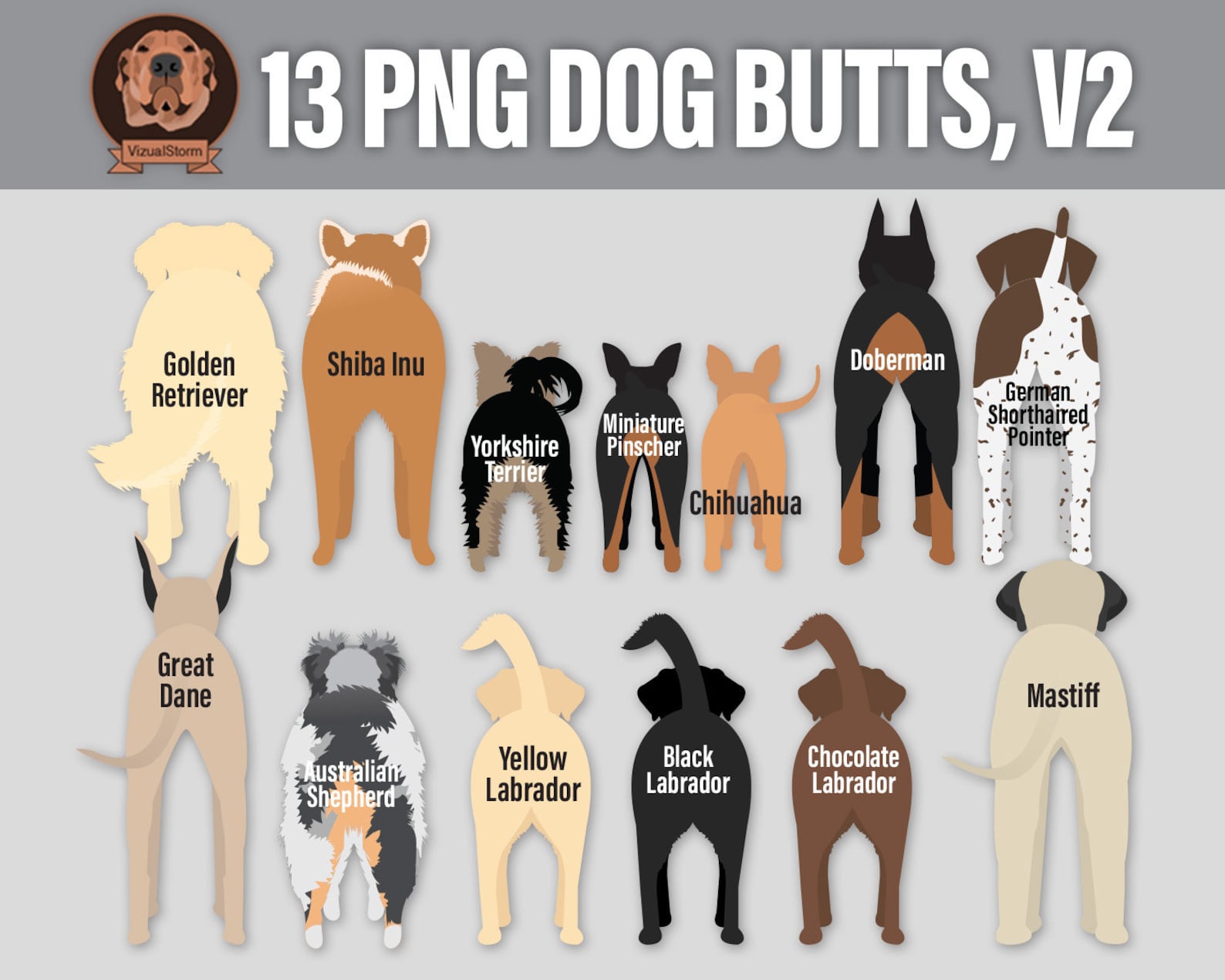 Dog Butts Png Clipart Set 2 - Digital Poses of Dogs From Behind, Cute ...