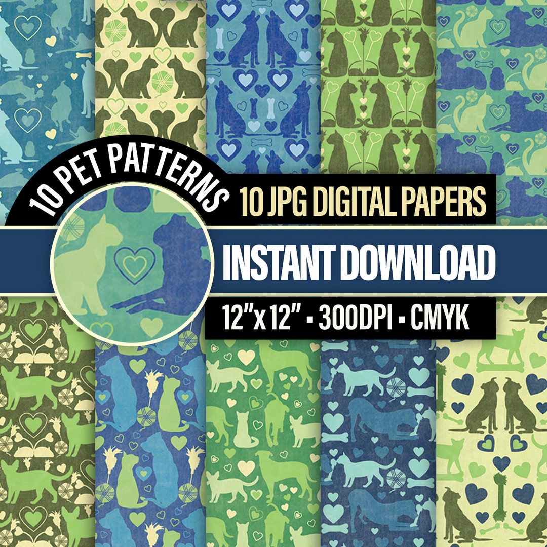 Pets in Love Digital Paper - Cute Cats and Dogs With Toys and Heart ...