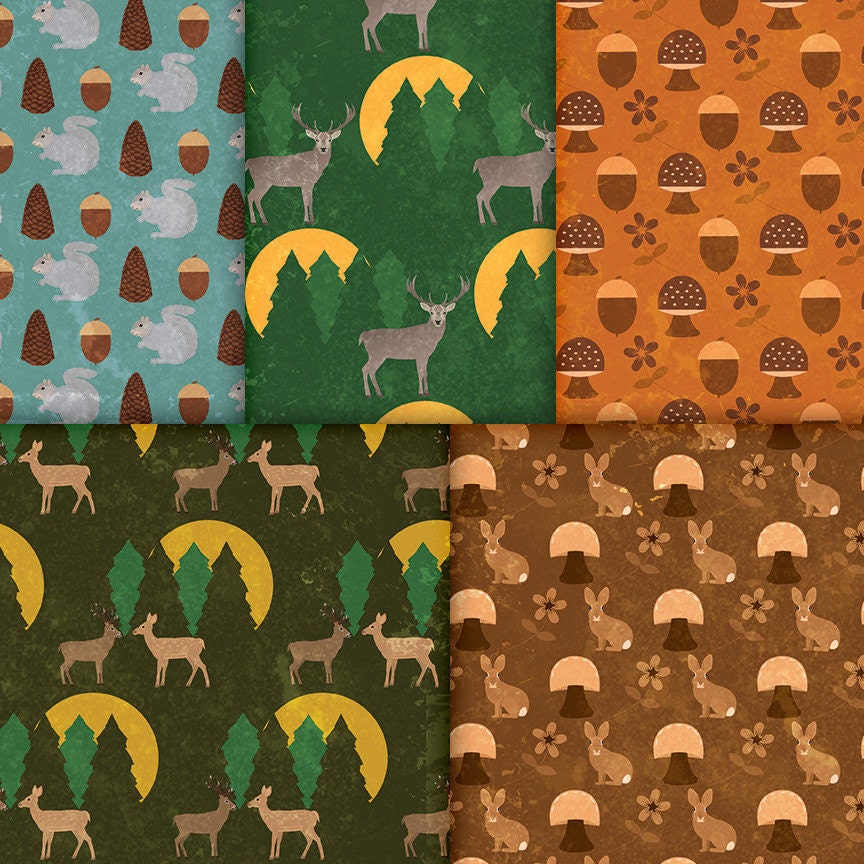 Woodland Animals Digital Papers - Forest at Night, Full Moon Woods ...