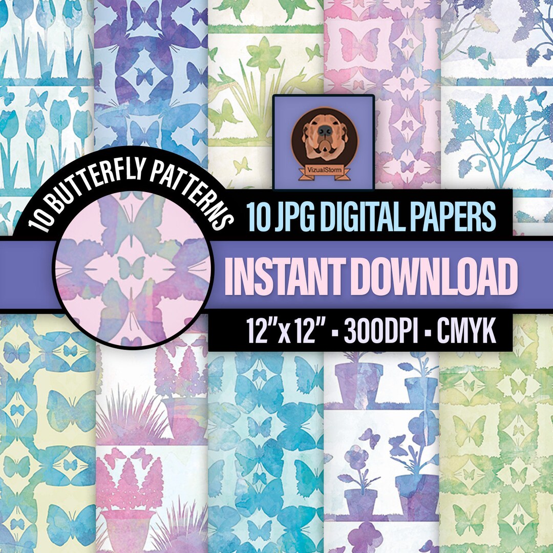 Floral Watercolor Butterfly Digital Paper, Colorful Garden Patterns ...