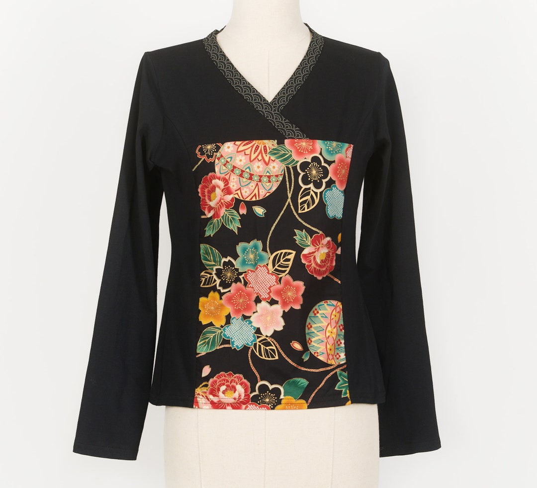 Long Sleeves T-shirt With Black Botan in Japanese Fabric - Etsy
