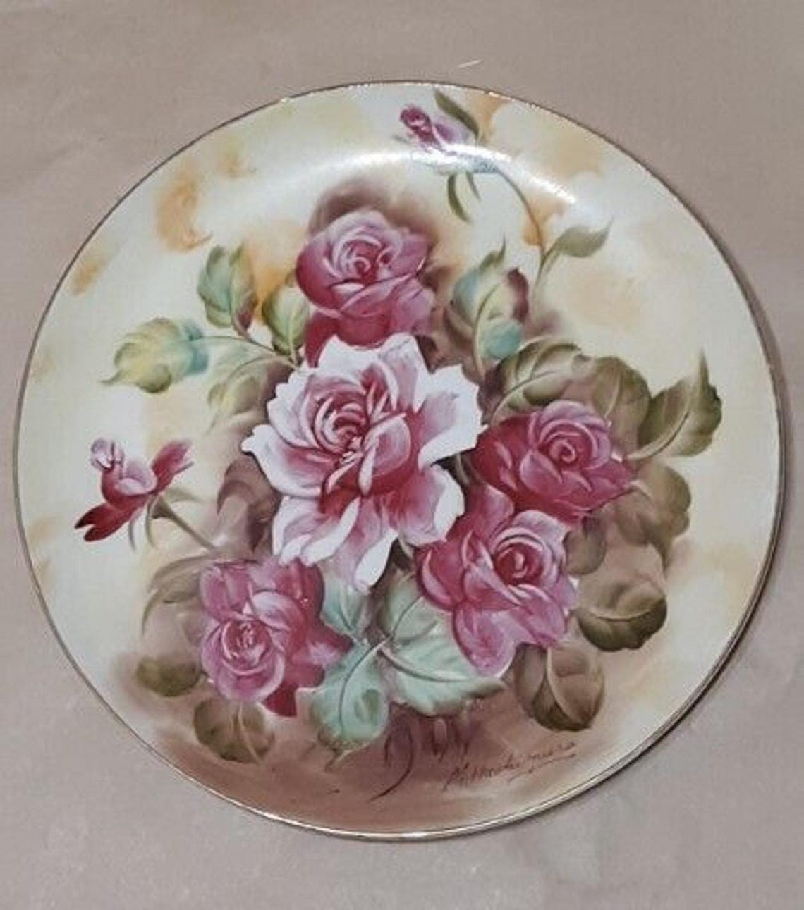 M Hashimura E 2372 Hand Painted Floral Rose Gold Trim Round 8 1/2 ...