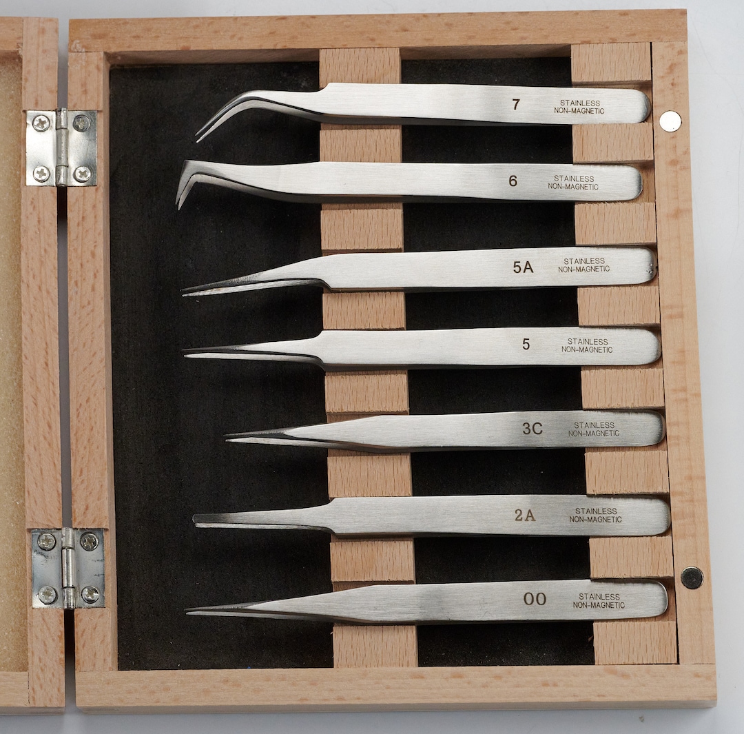 Quality Set 7 Tweezers Wood Box Watchmakers Jewellery Watch Tools Non ...
