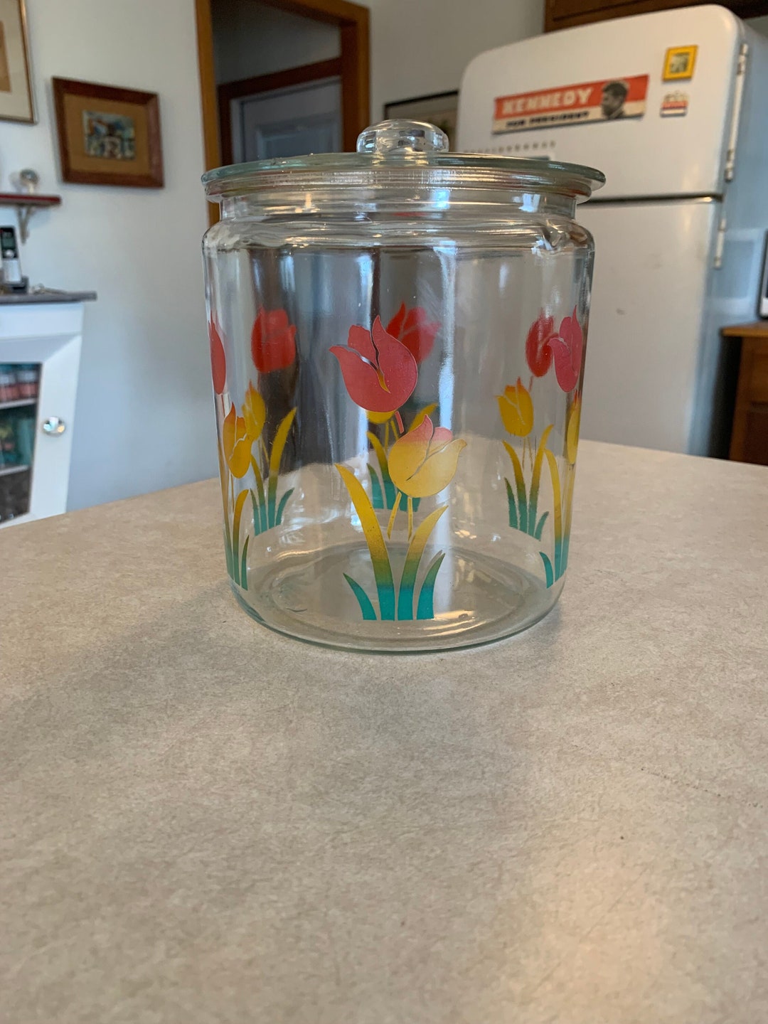 Large Covered Glass Jar With Applied Tulip Flower - Etsy