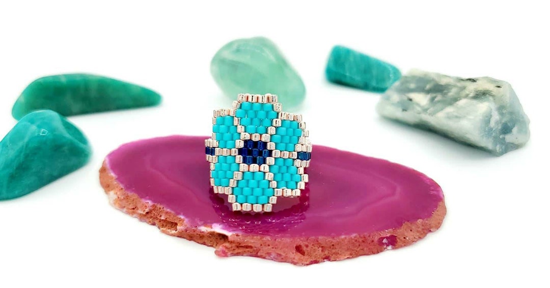 Peyote Ring, Flower Peyote Band Ring, Handwoven Ring, Seed Bead Ring ...