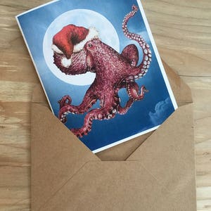 Santa Octopus "believe" Christmas Holiday Card, Original Illustration ...