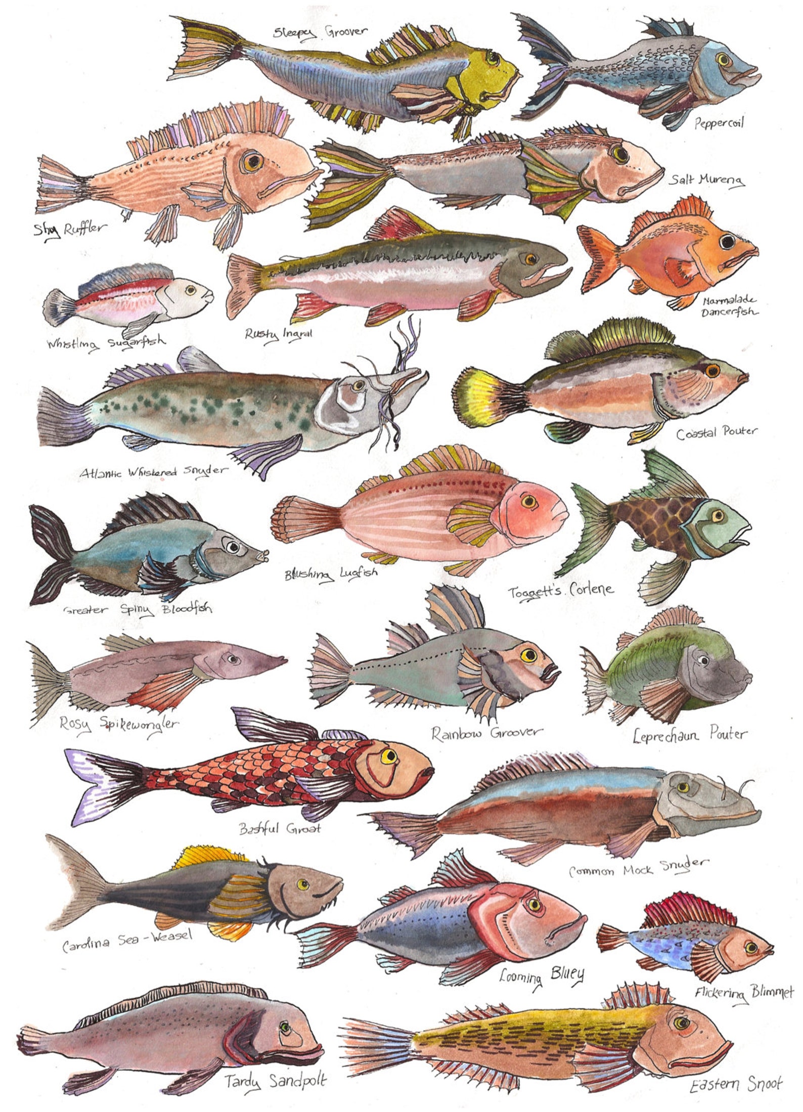 Field Guide of Imaginary Fish Art Print Original Ink and | Etsy
