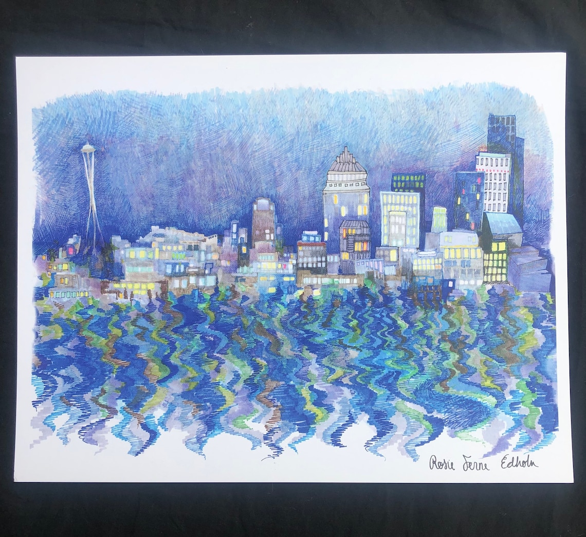 Seattle Skyline Art Print, Original Colorful City Skyline With Water ...