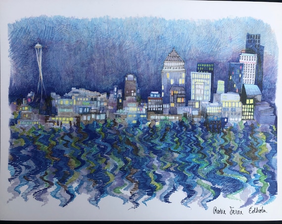 Seattle Skyline Art Print Original Colorful City Skyline With | Etsy