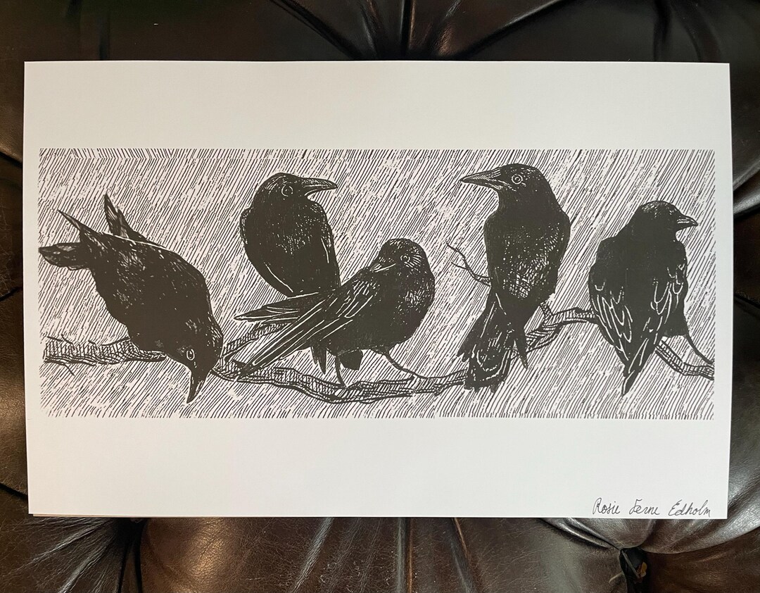 Raven Ink Line Drawing Letterhead Art Print Crows Ravens Print - Etsy
