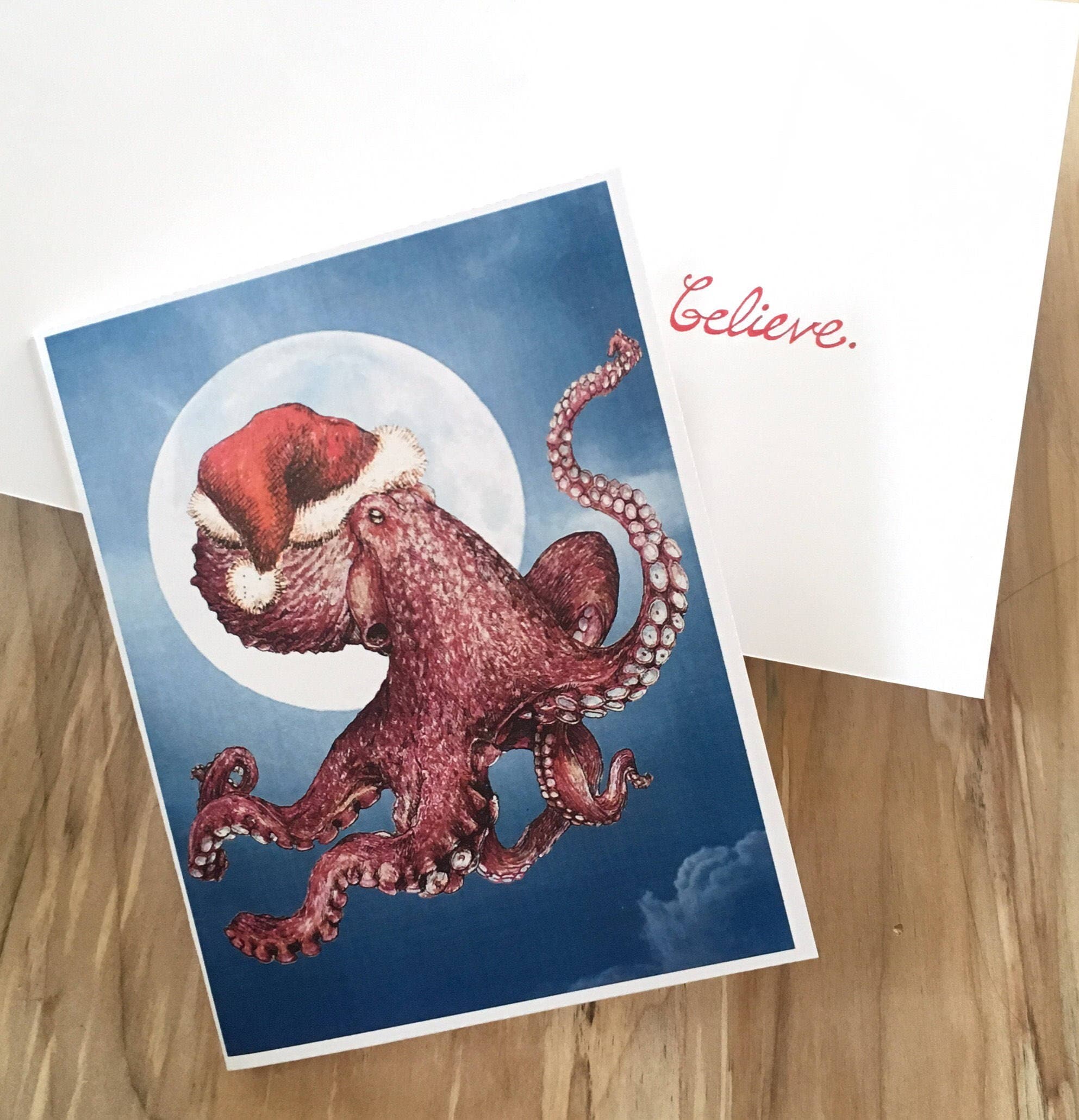 Santa Octopus believe Christmas Holiday Card - Etsy