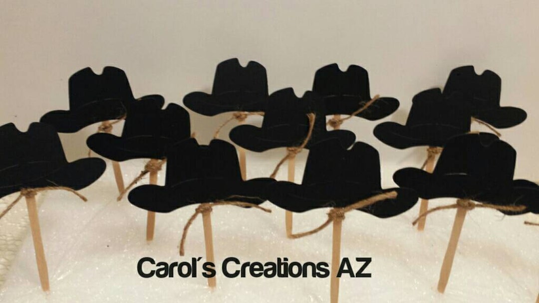 12 Black Hat Cupcake Toppers / Black Hat Party Picks / Western Cupcake ...