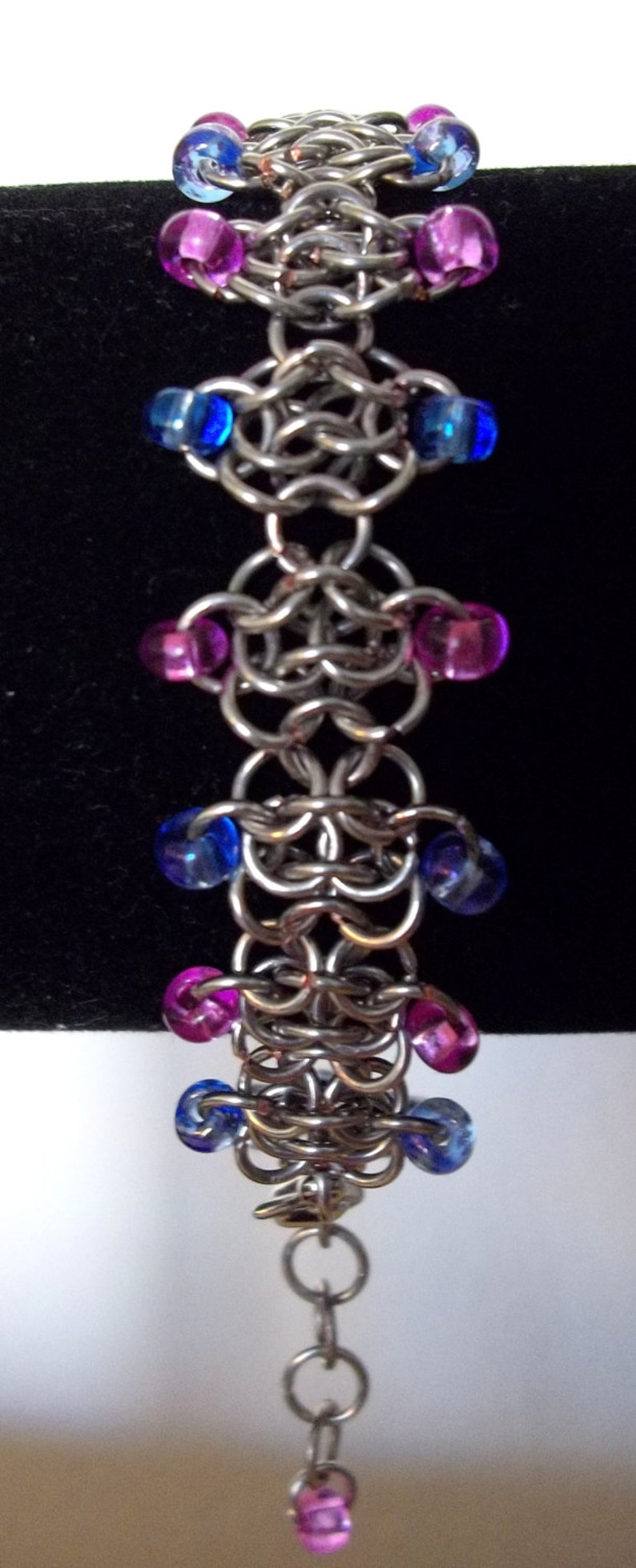 Beaded Chainmaille Bracelet With Purple and Pink Glass Beads / Viking ...