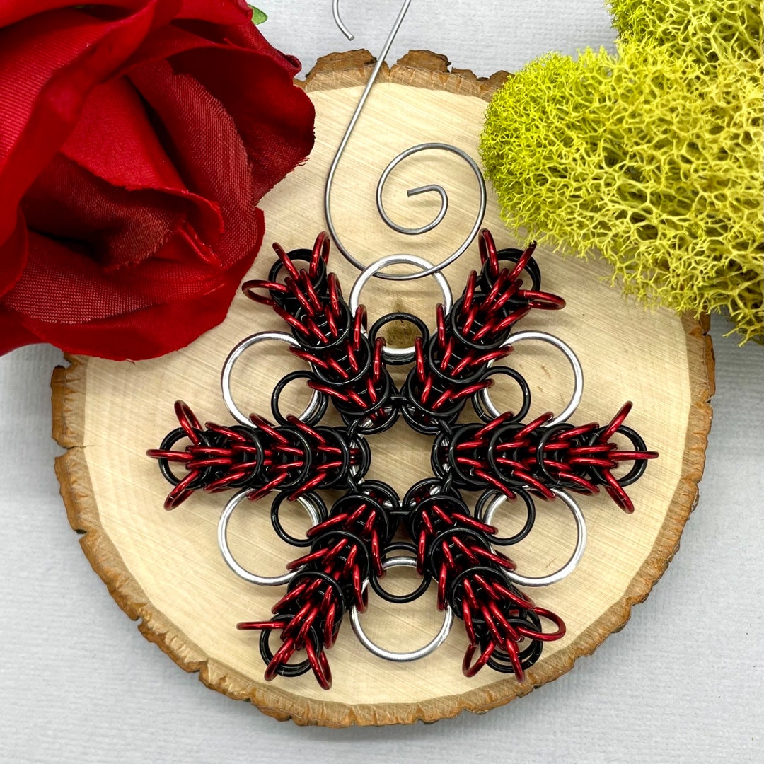 Red and Black Chainmaille Snowflake Ornament / Chainmail Christmas ...