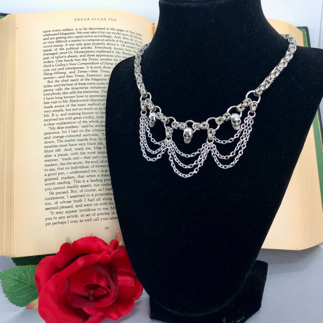 Chainmaille Skull Necklace With Draped Chains / Viking Necklace ...