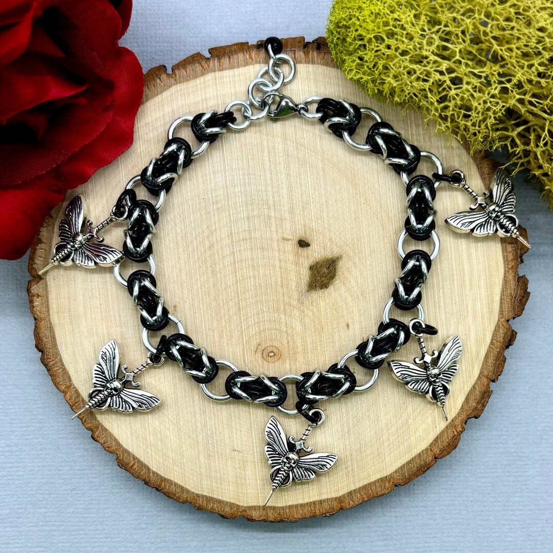 Chainmaille Death Moth Charm Bracelet With Black Detail / Viking Goth ...