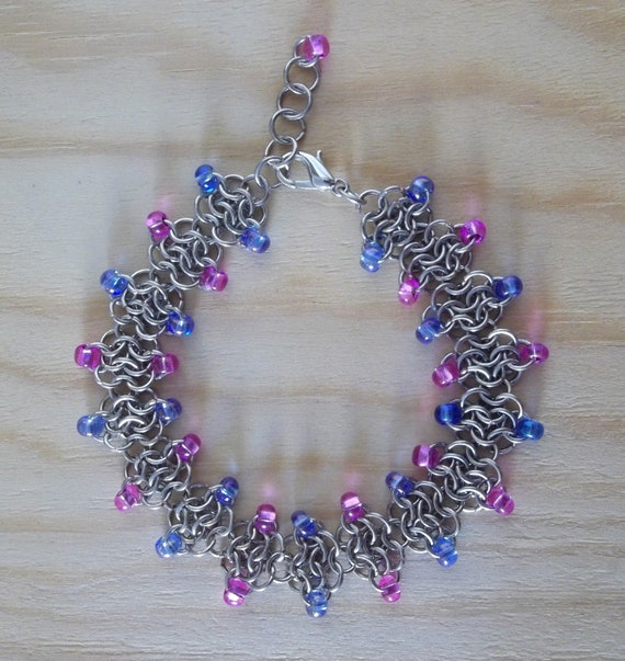 Beaded Chainmaille Bracelet with Purple and Pink Glass Beads / | Etsy