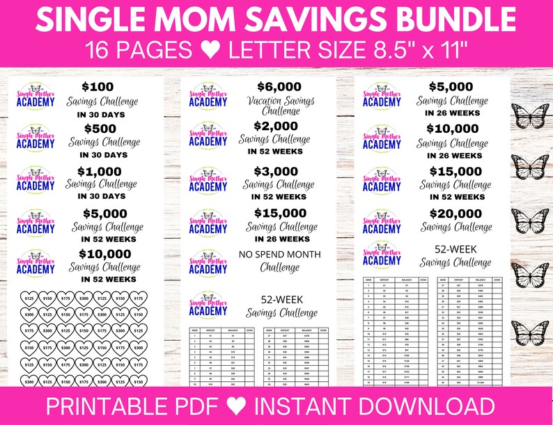 Single Mom Money Saving Challenge, Savings Tracker Printables, Savings ...