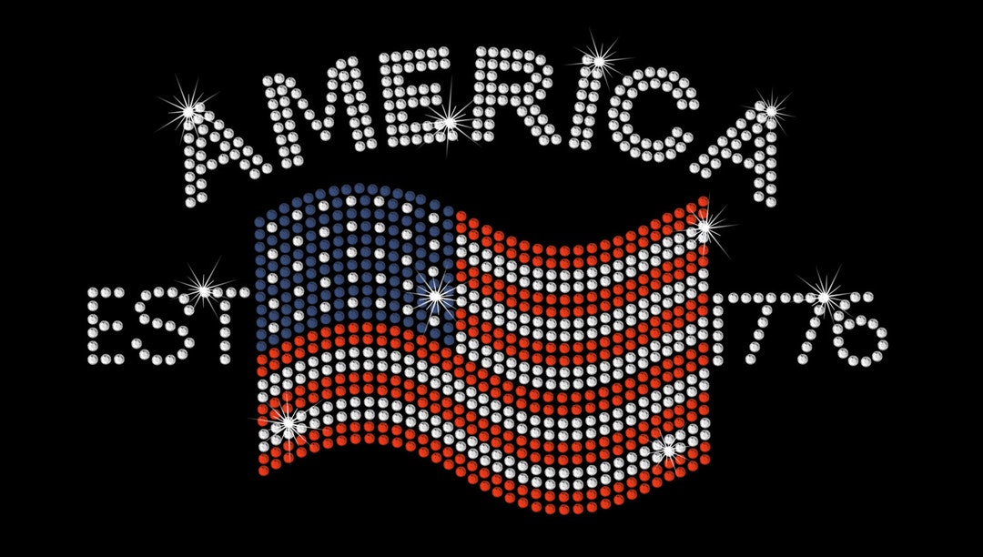 America Established 1776 USA Flag Rhinestone Bling Heat Iron on Tshirt ...