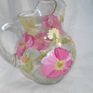 Hand Painted Round Pitcher in Fun Soft Pink Poppies and Yellow and ...