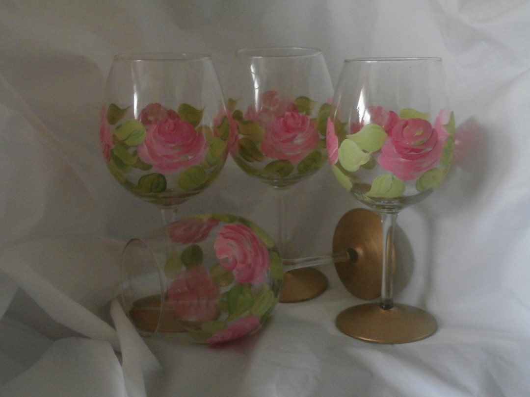 Pretty Pink Rose Goblets With Gold Base. Hand Painted of Course. Set of ...