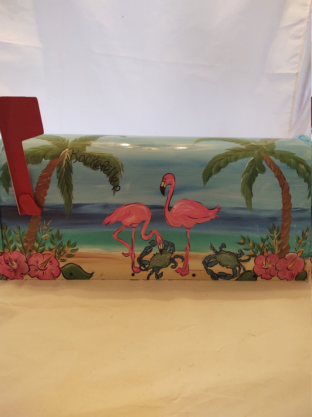 Hand Painted Mailbox: Flamingo & Crab Beach Scene - Etsy