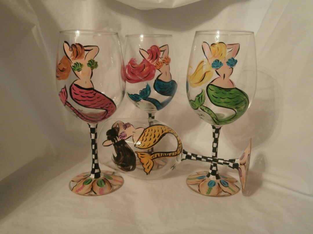 Hand Painted Mermaid Wine Goblets, Starfish Base, Set of 4 - Etsy