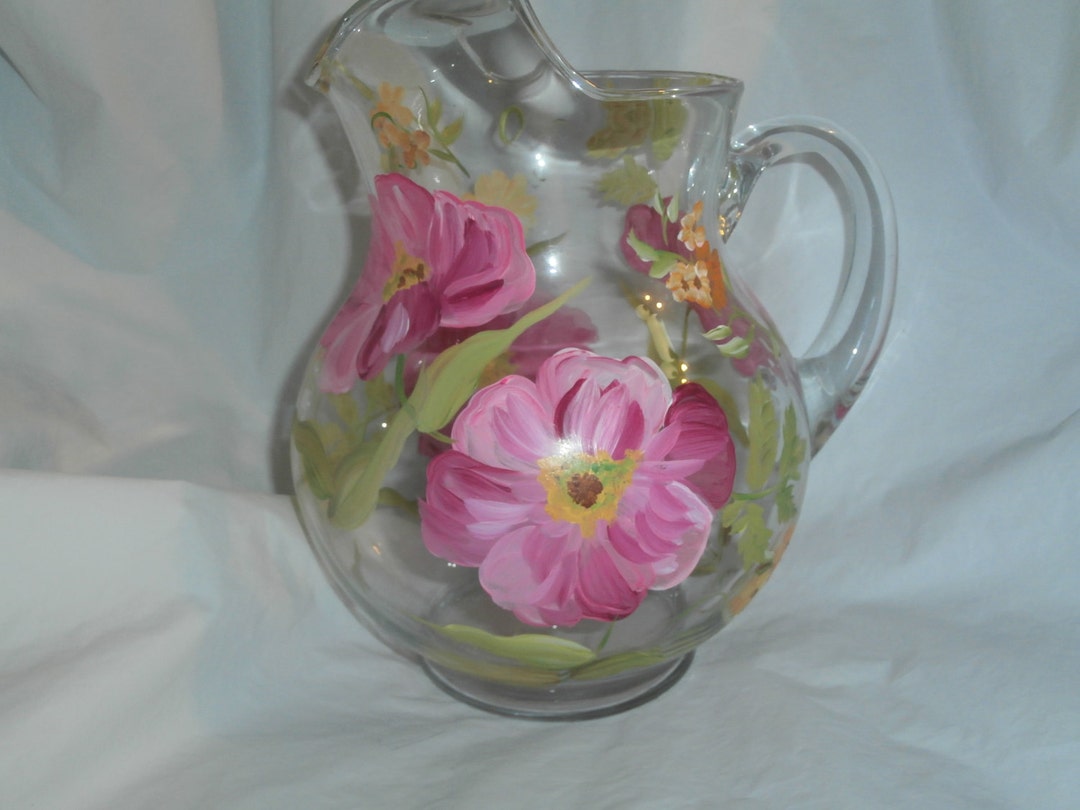Hand Painted Round Pitcher in Fun Soft Pink Poppies and Yellow and ...