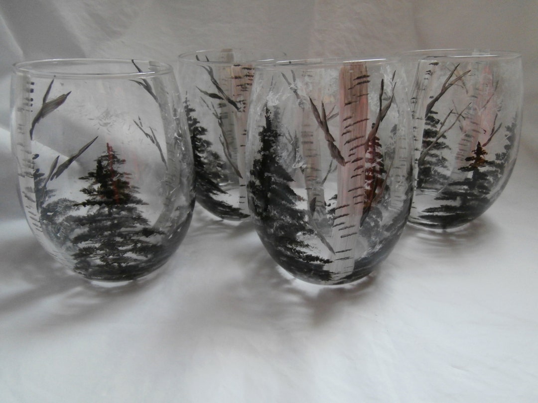 Hand Painted Winter Birch Tree Wine Glasses - Set of 4 - Etsy
