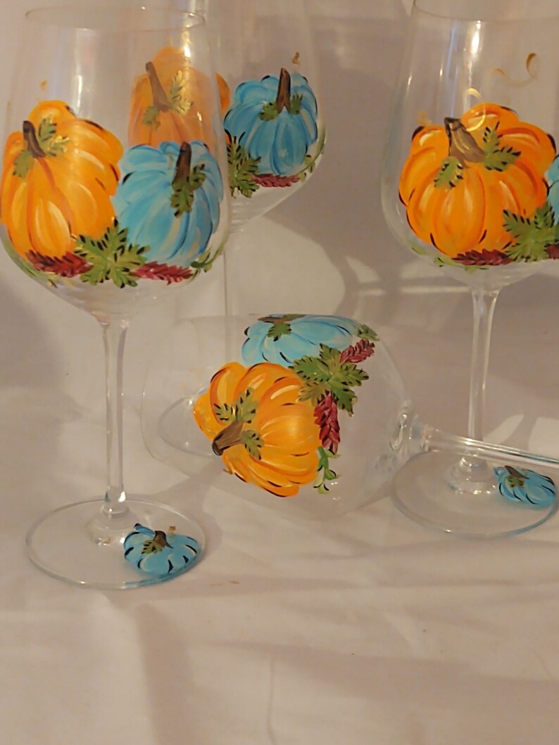 Hand Painted Autumn Orange and Teal Pumpkin Goblets. Set of 4 White ...