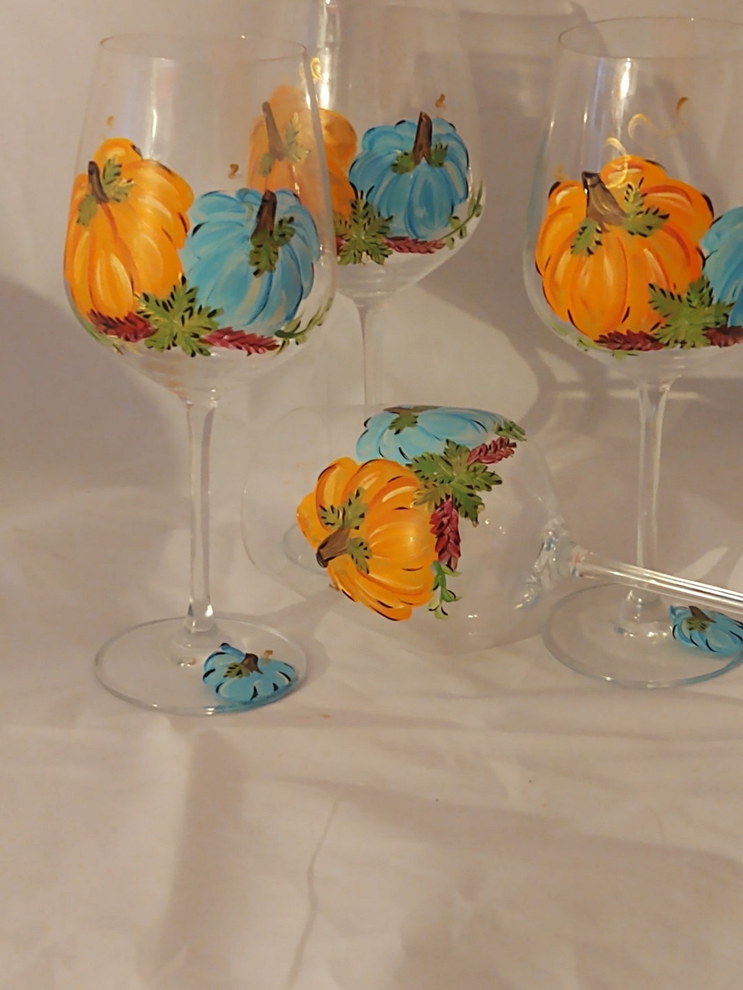 Hand Painted Autumn Orange and Teal Pumpkin Goblets. Set of 4 White ...