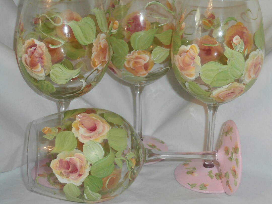 Hand Painted Rose Goblets: Pink Base, Floral Wine Glasses - Set of 4 - Etsy