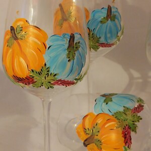 Hand Painted Autumn Orange and Teal Pumpkin Goblets. Set of 4 White ...