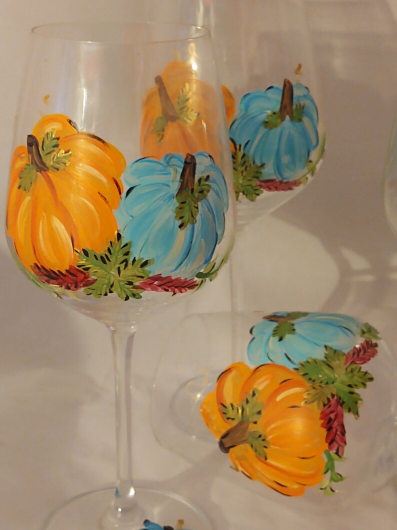Hand Painted Autumn Orange and Teal Pumpkin Goblets. Set of 4 White ...