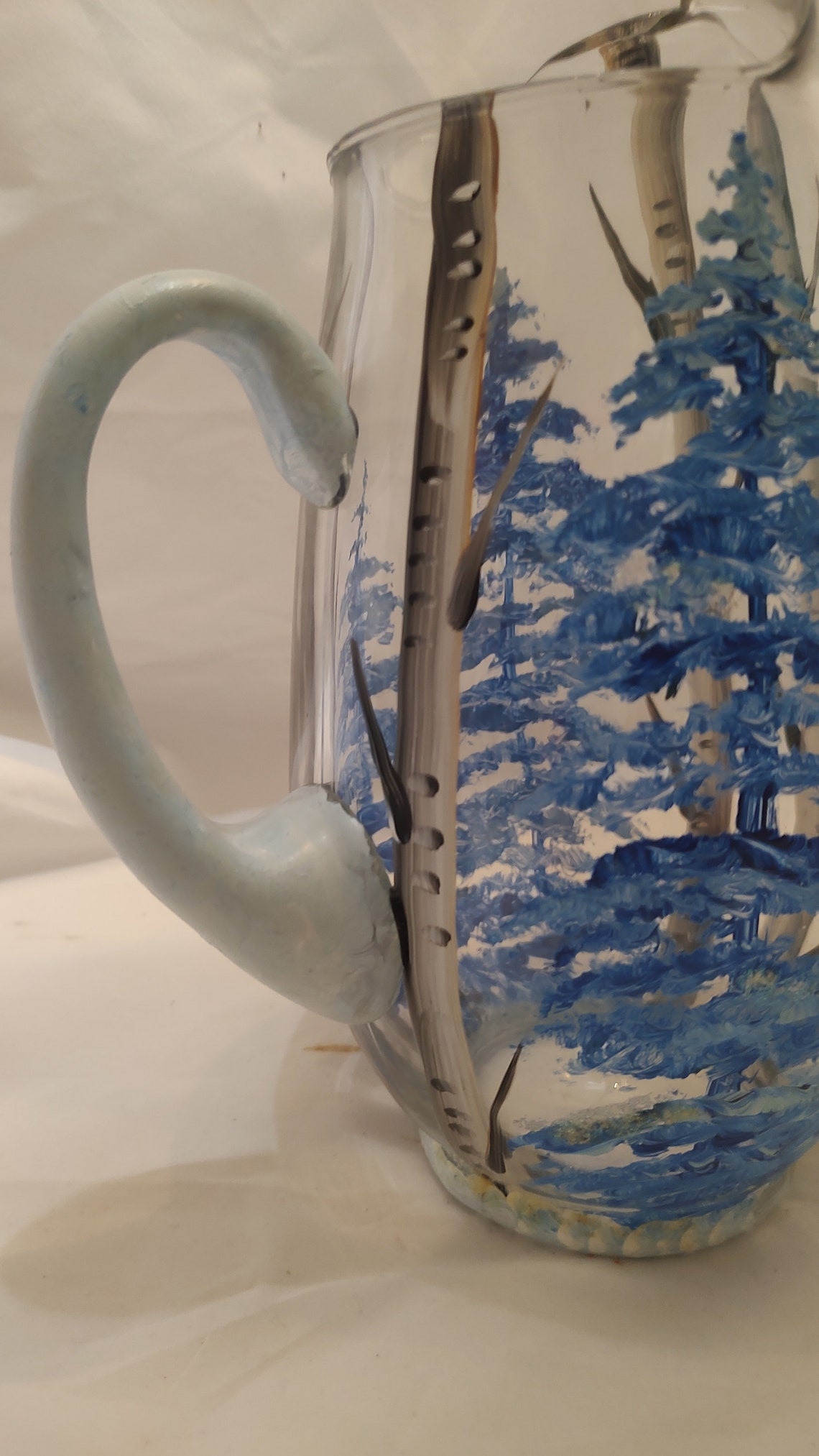 Hand Painted Glass Pitcher: Blue Pine & Birch Winter Scene (90oz) - Etsy