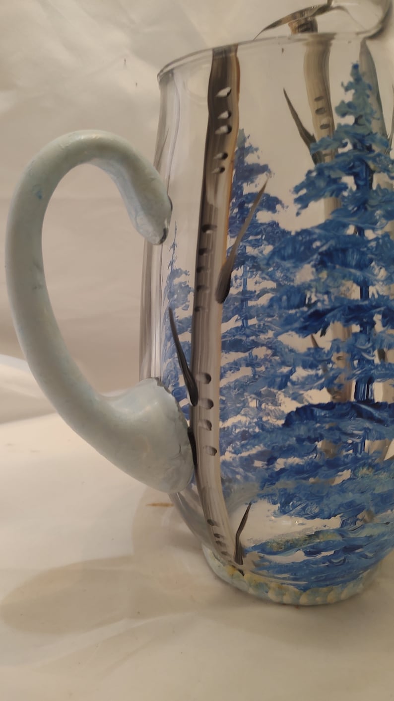 Hand Painted Glass Pitcher: Blue Pine & Birch Winter Scene (90oz) - Etsy