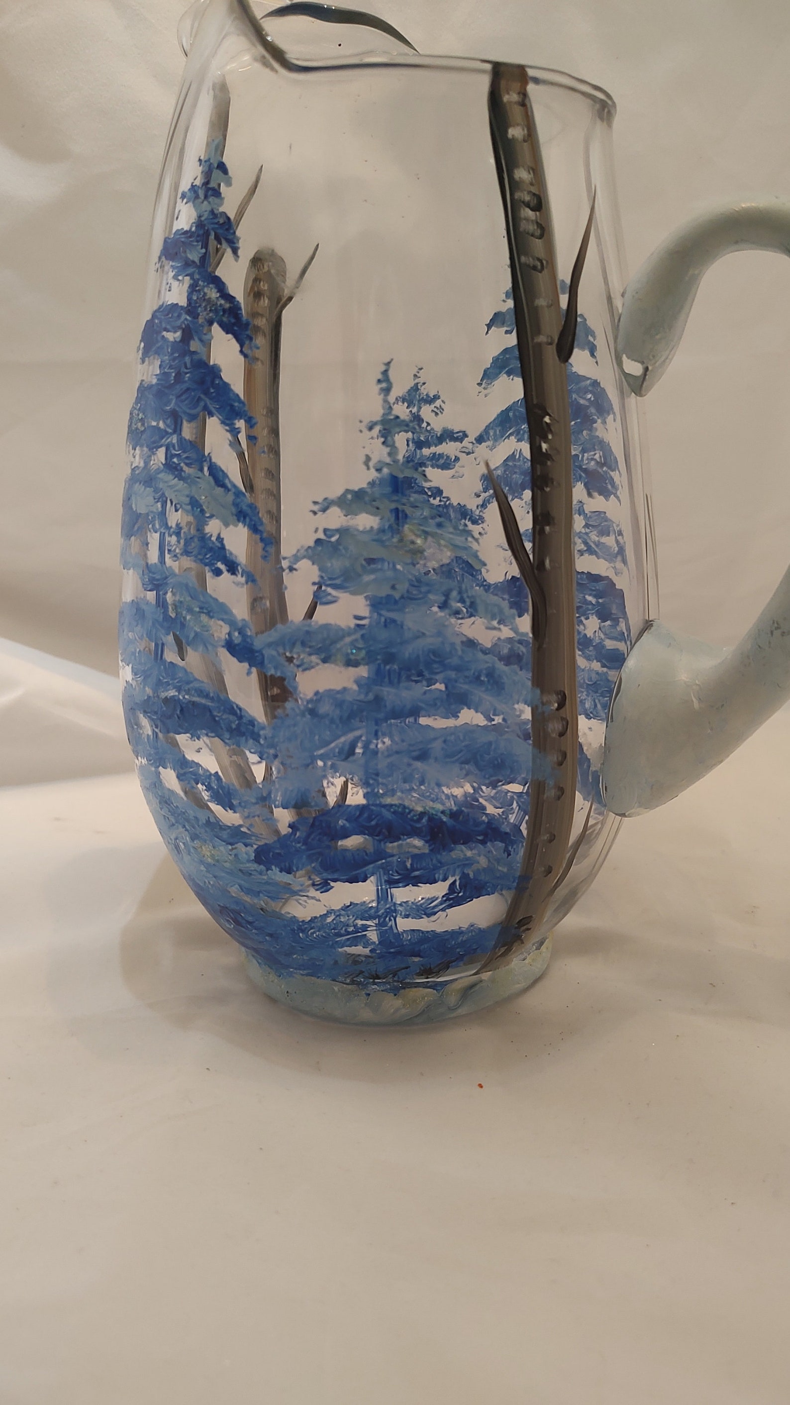 Hand Painted Glass Pitcher: Blue Pine & Birch Winter Scene (90oz) - Etsy
