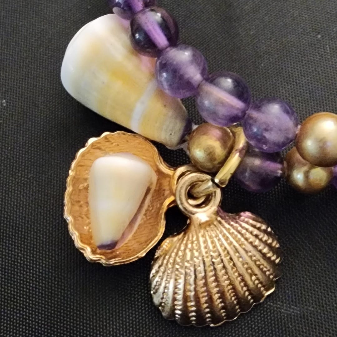 Purple ABC Cone Shell With Gold Clamshell Charm, Pearl. and Amethyst ...