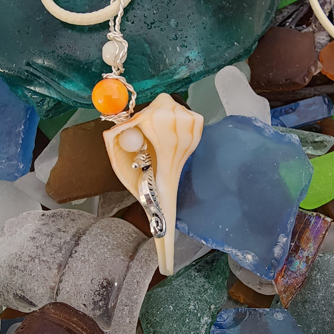 Small Welk Shell With SP Seahorse Charm, Mother of Pearl Beads, Shell ...