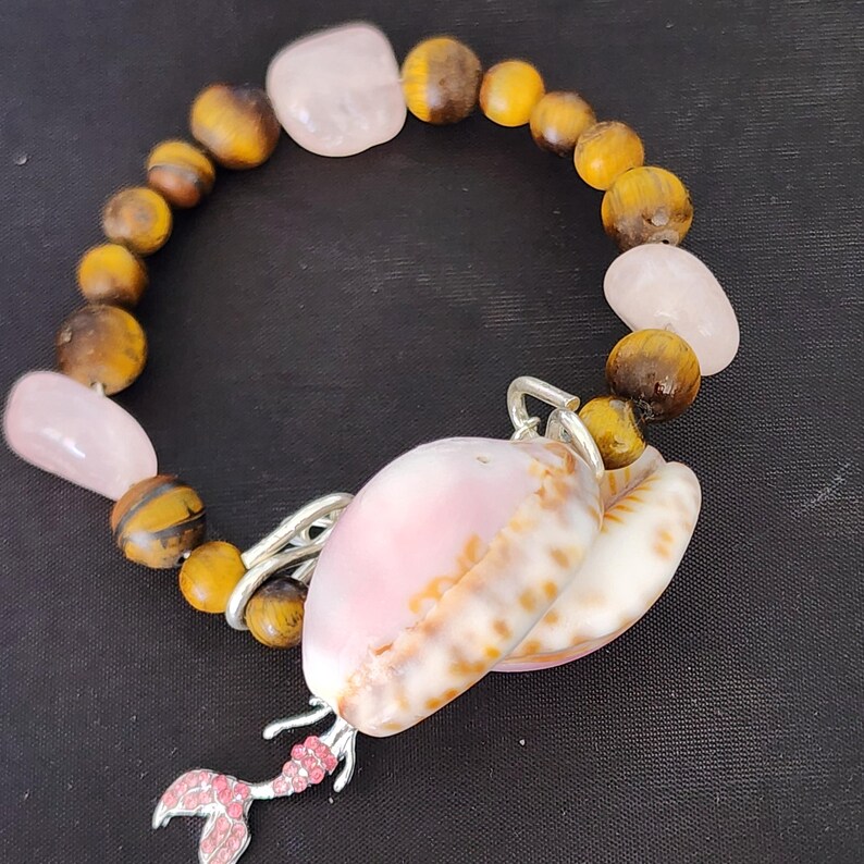 Pink Cowrie Shells With Mermaid Charm, Tigers Eye and Rose Quartz ...
