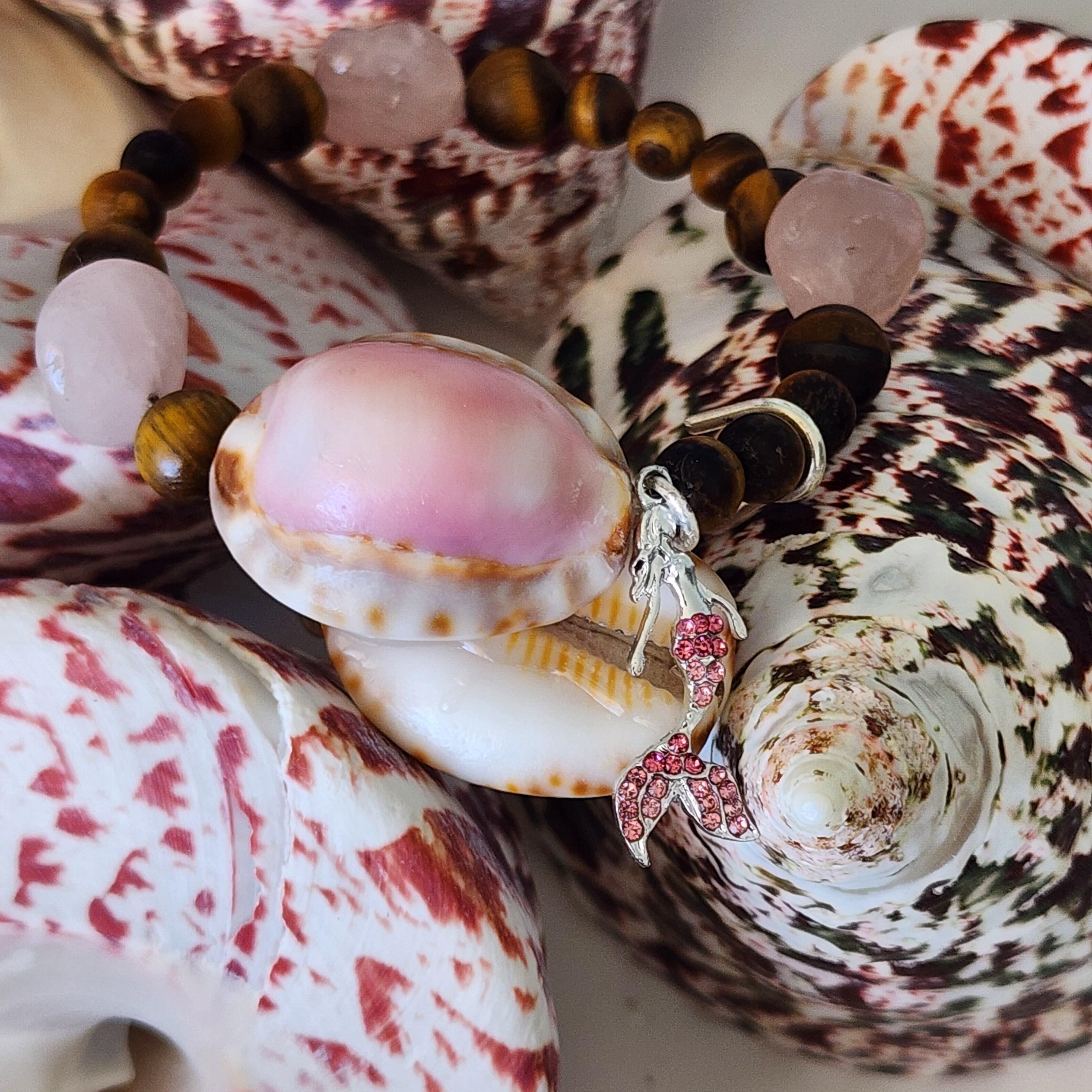 Pink Cowrie Shells With Mermaid Charm, Tigers Eye and Rose Quartz ...