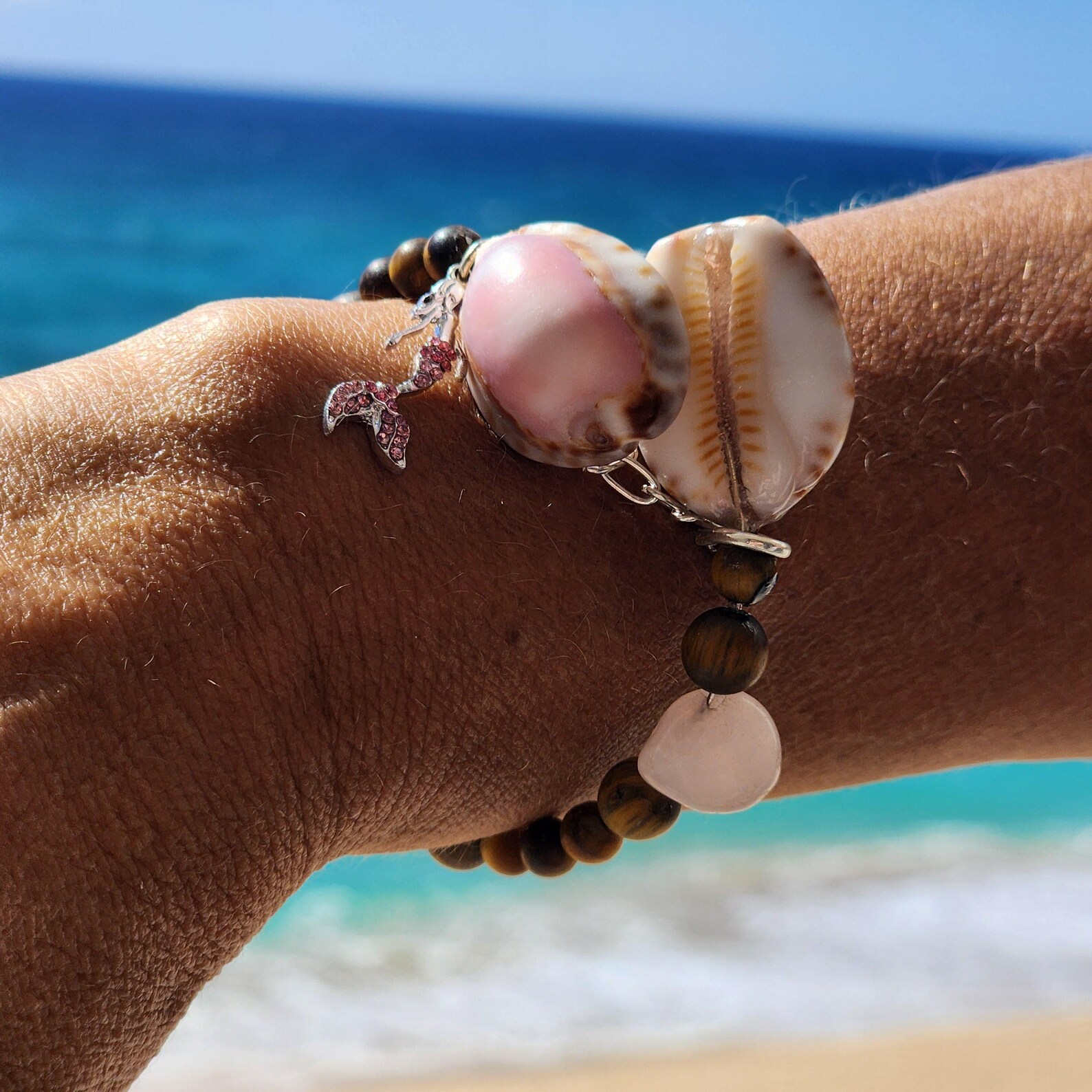 Pink Cowrie Shells With Mermaid Charm, Tigers Eye and Rose Quartz ...