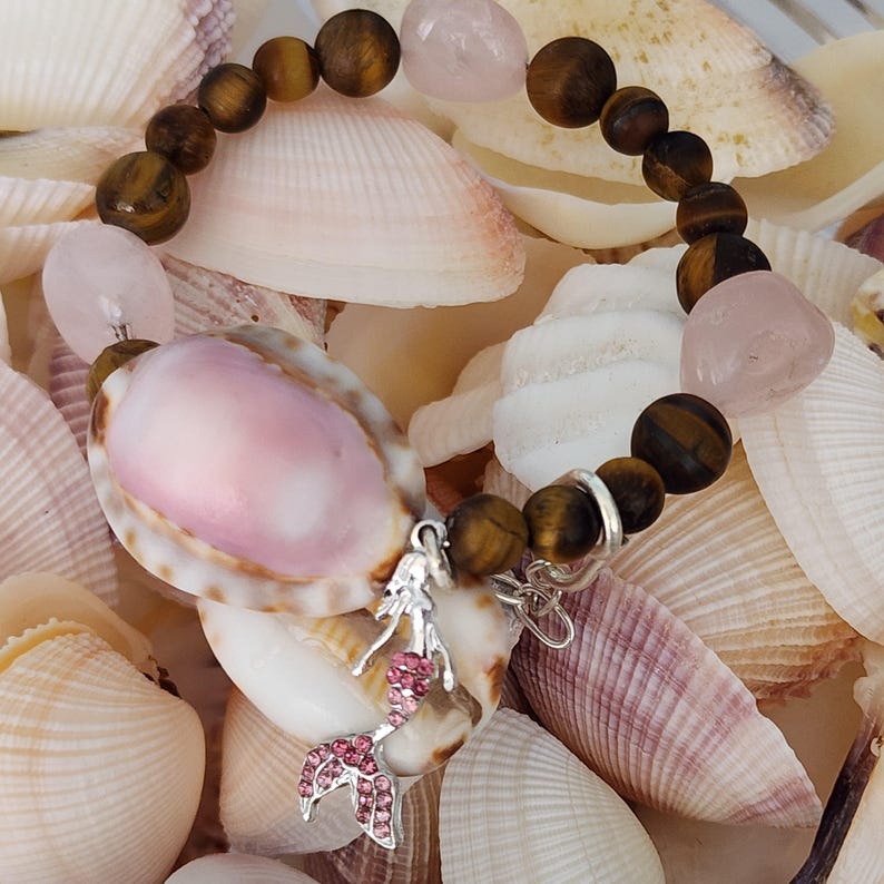 Pink Cowrie Shells With Mermaid Charm, Tigers Eye and Rose Quartz ...