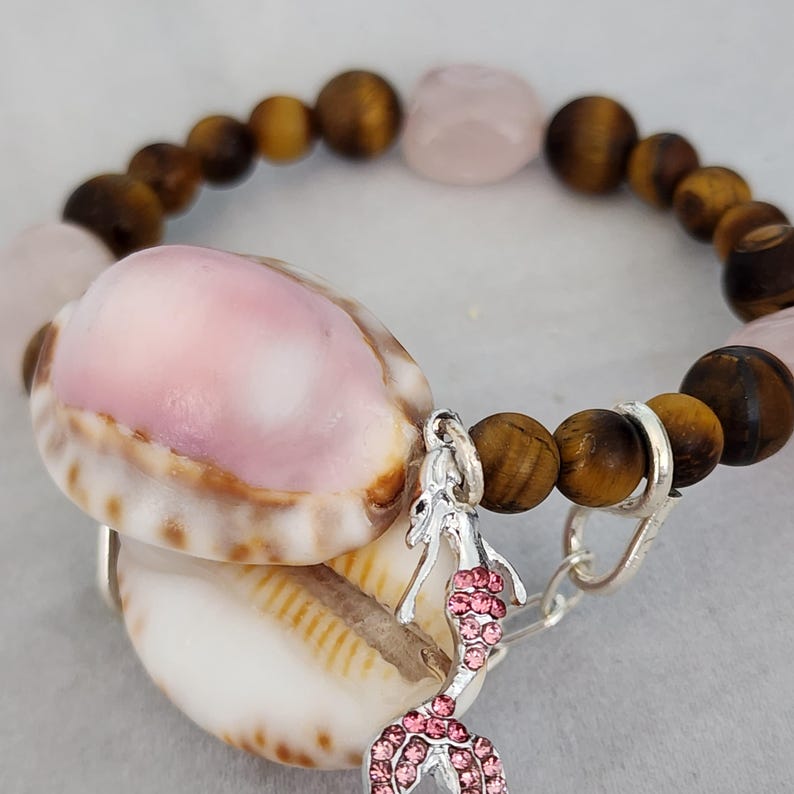 Pink Cowrie Shells With Mermaid Charm, Tigers Eye and Rose Quartz ...