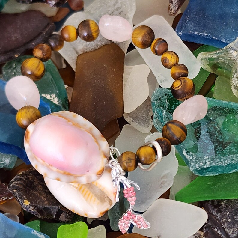 Pink Cowrie Shells With Mermaid Charm, Tigers Eye and Rose Quartz ...