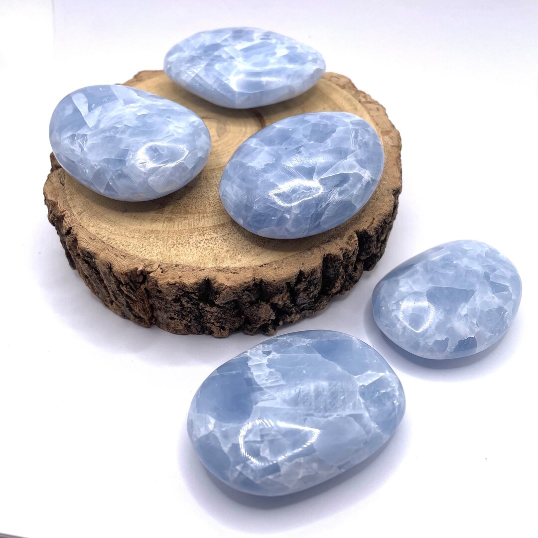 Blue Calcite Palm Smooth Pebble Stone - Etsy