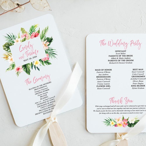 Tropical Wedding Fan Program Template Hawaiian Ceremony Fan - Etsy