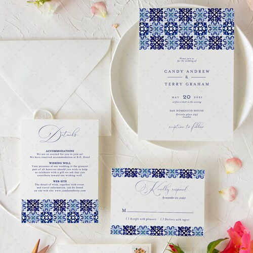 Bougainvillea Blue Tiles Wedding Invitation Template - Etsy