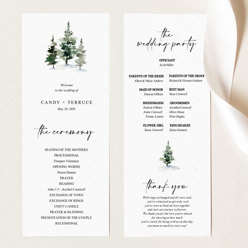 Pine Cone and Cotton Wedding Program Template Editable Winter - Etsy