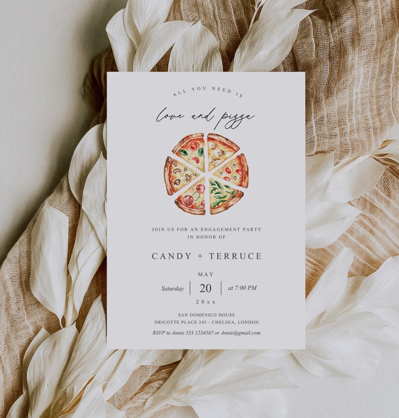 Love and Pizza Engagement Invitation, Pizza Party Engagement Invitation ...